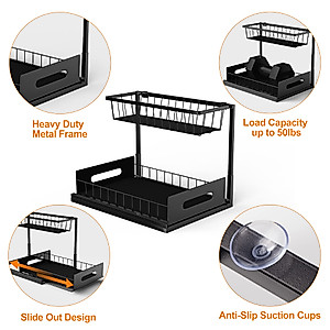 Under Sink Organizer, DIFEN 2-Tier Sliding Cabinet Basket Organizer for Under Sink Storage in Bathroom and Kitchen - Black
