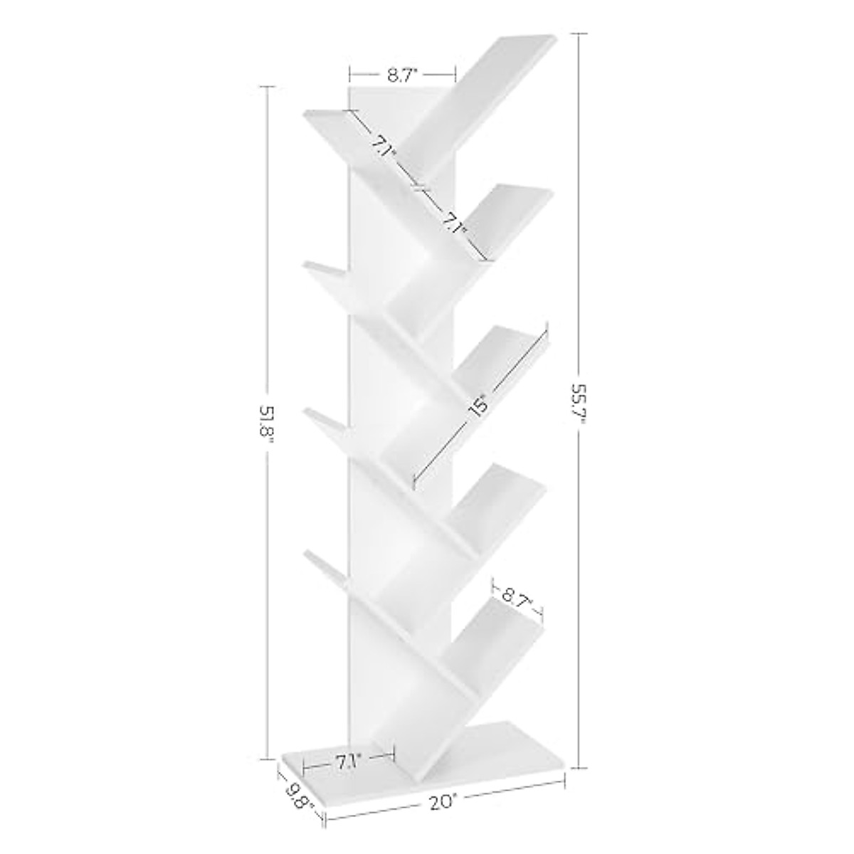 VASAGLE Tree Bookshelf, 8-Tier Small Space-Saving Corner Bookcase, Holds Books, CDs, Games, for Bedroom, Living Room, White ULBC11WTV1