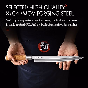 HEZHEN 300mm Sashimi Knife,Forged Steel Sushi Yanagiba Knife, Sushi Slicing, Wooden Handle Knife Case