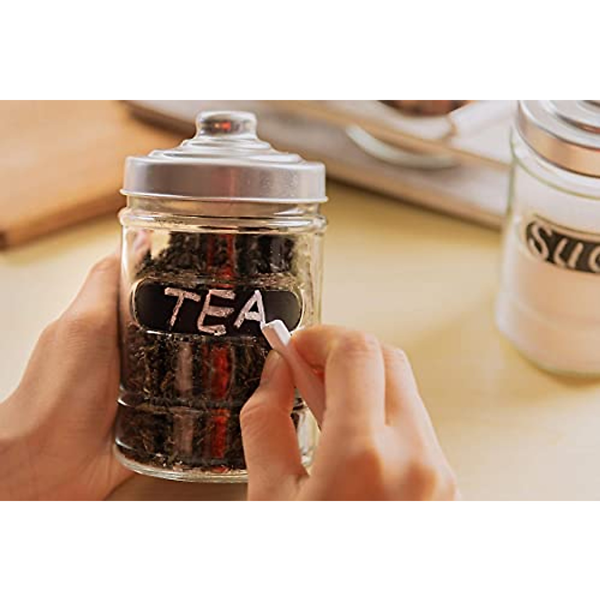 15.5 oz Set of 3 Condiment Pots Food/Seasoning/Spice Storage/Jar/Containers with Label and Aluminum Lid with Wooden Rack/Shelf/Tray/Holder for Kitchen or Coffee Bar, Suitable for Storing Salt, Sugar, Tea etc