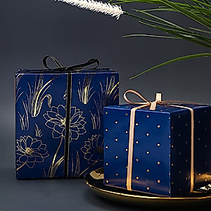 LeZakaa Floral Wrapping Paper Roll - Mini Roll - Gold Stamping Design - Lotus/Star/Dot for Wedding, Bridal Shower, Birthday - 17 x 120 inches - 3 Rolls (42.5 sq.ft.ttl.)