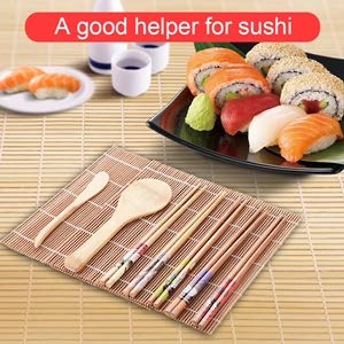 Fu Store Sushi Making Kit Set 9 PCS-Sushi Rolling Mats Rice Paddle Rice Spreader Sushi Roller Bamboo Beginner Sushi Maker
