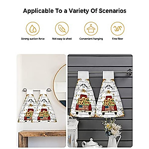 Rural Country Red Truck Yellow Blooming Sunflower and Bees Hanging Tie Towel for Kitchen Bathroom, 2 Pack Durable Absorbent Hand Towels Hangable Washing Cloths Home Cleaning Decor Wood Plank
