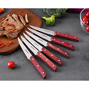 WELLSTAR Serrated Steak Knife Set of 6, Ultra Sharp Japanese Stainless Steel 4.5 inch Blade and Full Tang Pakkawood Handle Dinner Table Knives Pack for Home Kitchen Restaurant – Triple Riveted