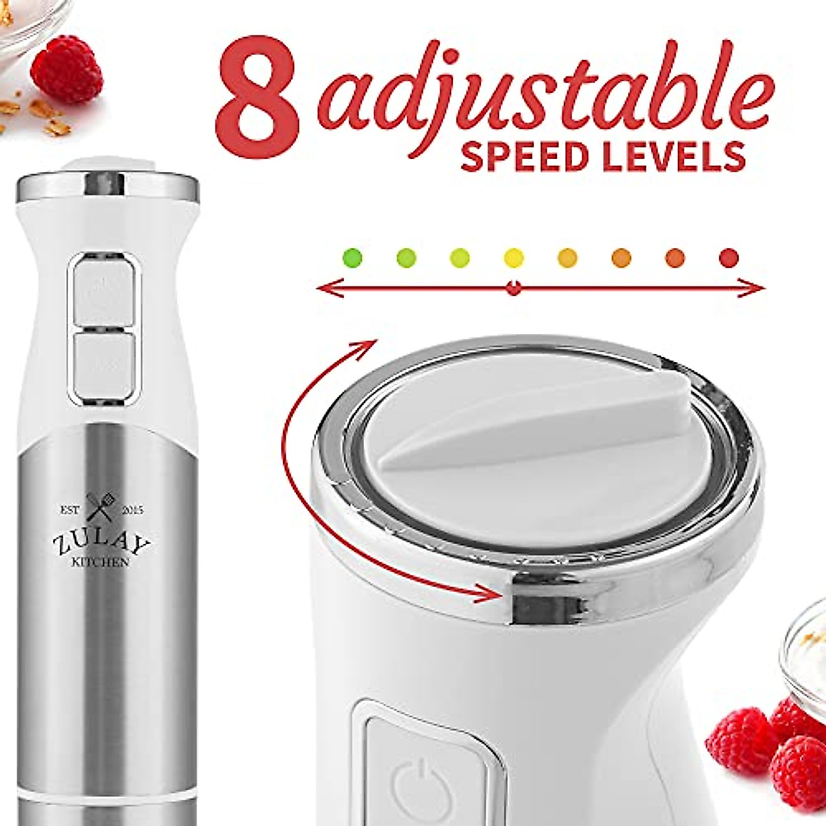 Zulay Kitchen Immersion Blender Handheld 500W - 8 Speed Copper Motor Immersion Hand Blender - Heavy Duty Stick Blender Immersion With Stainless Steel Whisk and Milk Frother Attachments (White)