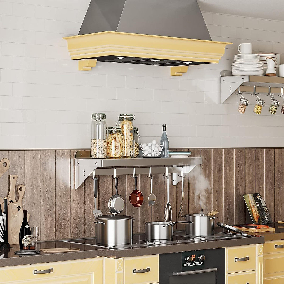 Garvee 2 Pack 12" x 36" Stainless Steel Wall Mount Shelf NSF Certified with 6 Hooks Metal Multifunctional Storage Rack with Backplash for Hanging Pots, Pans,cookware in Home and