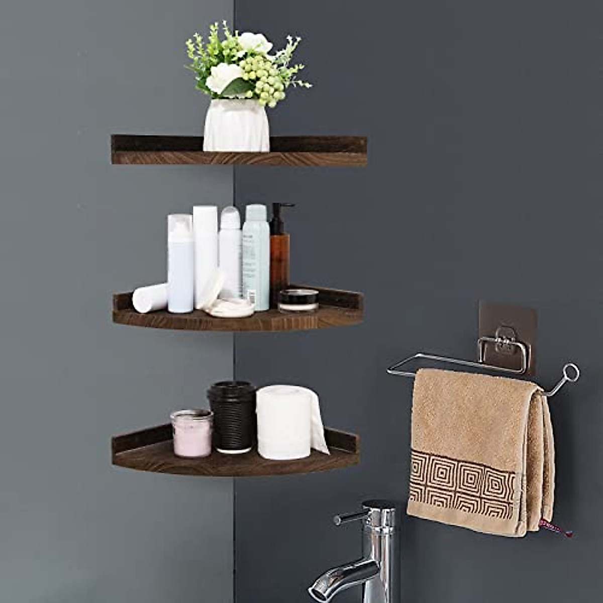 TNQNCFL Round Floating Corner Shelves,Solid Wood Corner Floating Shelves,Wall Mount Floating Corner Shelves,Hanging Corner Shelf for Wall Decor Bedroom Living Room Bathroom Kitchen Office