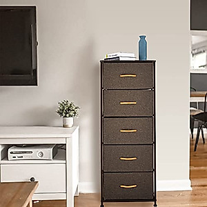 DHMAKER Fabric Dresser for Bedroom, Vertical Dresser with 5 Drawers, Storage Tower with Fabric Organizer, Tall Dresser, Dresser & Chests of Drawers for Closet, Nursery Hallway, Brown