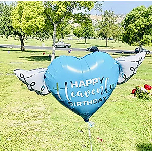 Happy Heavenly Birthday blue heart shaped balloon with angel wings