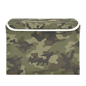 Joisal Army Camouflage Pattern Green Storage Bin with Lid Fabric Foldable Storage Boxes for Clothes with Handles