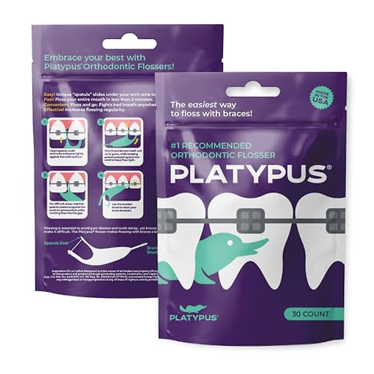 Platypus Orthodontic Flossers for Braces, 30 Count (Pack of 2), Ortho Picks for Adults & Kids, Fits Under Arch Wire, Non-Damaging, Encourage Flossing Habits
