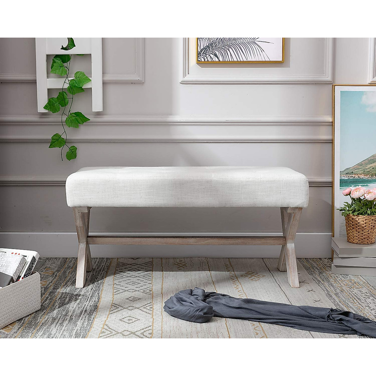chairus Fabric Upholstered Entryway Bench Seat, 36 inch Bedroom Bench Seat with X-Shaped Wood Legs for Living Room, Foyer or Hallway - Cream