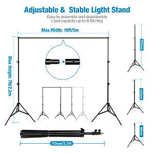 Photo Backdrop Stand, Photography Backdrop Stand, 10Ft Adjustable Background Stand Kit for Studio, Parties, Wedding, with 4 Crossbars, 4 Backdrop Clamps, 2 Sandbags, and Carrying Bag
