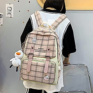 DAHUOJI 5Pcs Kawaii Backpack Set with Badge & Duck Pendant,Japanese Aesthetic Check Bookbag for Girls Cute Plaid School Bags Comes with Tote Bag,Shoulder Bag,Pencil Box,Small Bag(Pink,16in)