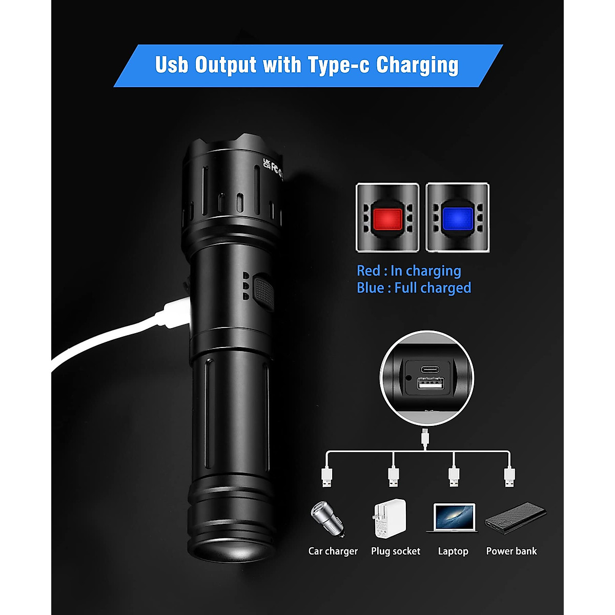JAY-PARK Flashlights High Lumens Rechargeable, LED Flashlight 500000 Lumen Super Bright Powerful, USB-C Handheld Flashlight Zoomable High Power Tactical Flash Light for Emergencies, Camping