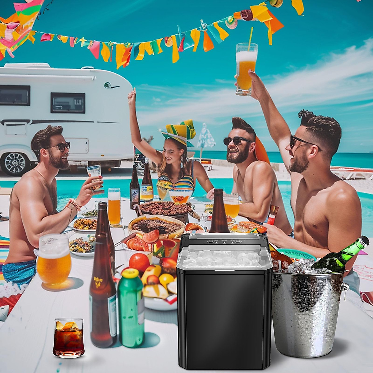 Sweetcrispy Countertop Ice Maker, Portable Ice Machine Self-Cleaning, 9 Cubes in 6 Mins, 26 lbs/24Hrs, 2 Sizes of Bullet Ice for Home Party Office, Black