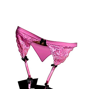 One Size Fits Most Women Lace Garter Strap Belt Set with Thong Panty Underwear (Pink & Black) Stockings Not Included