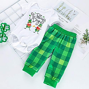 AGQT Toddler Baby Boy Girls St. Patrick's Day Outfit Set Green Shamrock 2pcs Romper Pant Set Two Elf Size 12-24 Months(80)