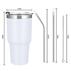 8 Pack Stainless Steel Tumblers, 30oz Insulated Tumblers, Double Wall Vacuum Tumbler Coffee Cup, Stainless Steel Travel Mug with Lid and Straw, Durable Powder Coated Insulated Coffee Cup, White