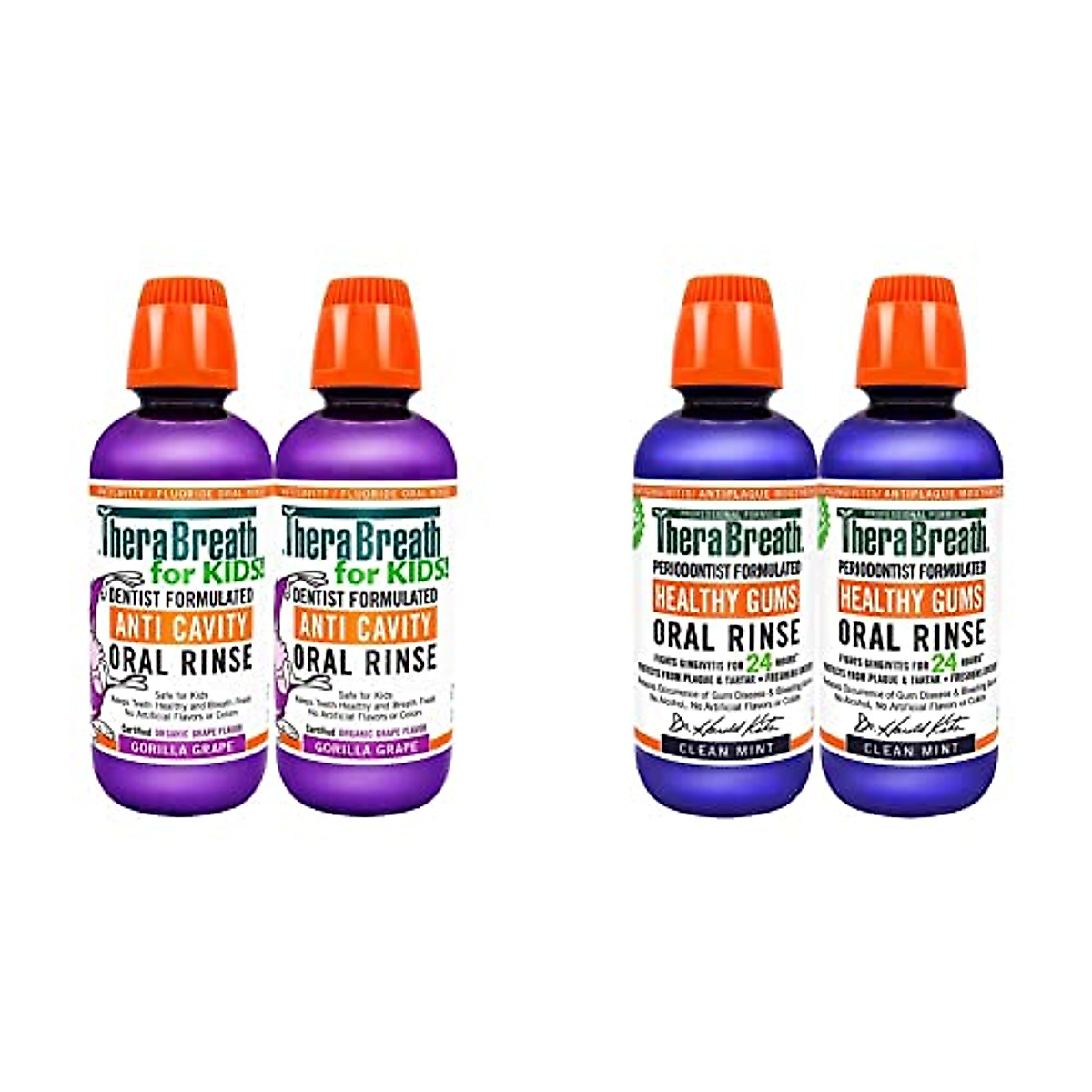 TheraBreath Kids Anti-Cavity Oral Rinse, Organic Gorilla Grape, 16 Ounce (Pack of 2) and 24 Hour Healthy Gums Periodontist Formulated Oral Rinse, 16 Ounce (Pack of 2)