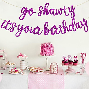 BEISHIDA Purple Go Shawty It's Your Birthday Banner - NO DIY - Hip Hop Theme Glitter Happy Birthday Banner - Pre-Strung - Purple Rap Theme Happy Birthday Sign for Man Women birthday Party Supply
