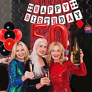 Casino 50th Birthday Party Decorations, Number 50 Balloon, Happy Birthday Banner and Cake Topper, Hanging Swirls for Adults Casino Night, Poker Theme Party Supplies