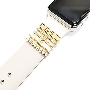 5Pcs Charms for Apple Watch band 41mm 45mm 40mm 44mm 38mm 42mm Women,Diamond+Metal Jewelry Decorative Ring Loops For iWatch series 8 7 6 5 4 3 2 se,Galaxy watch 5/4,Silicone strap Charm Accessories