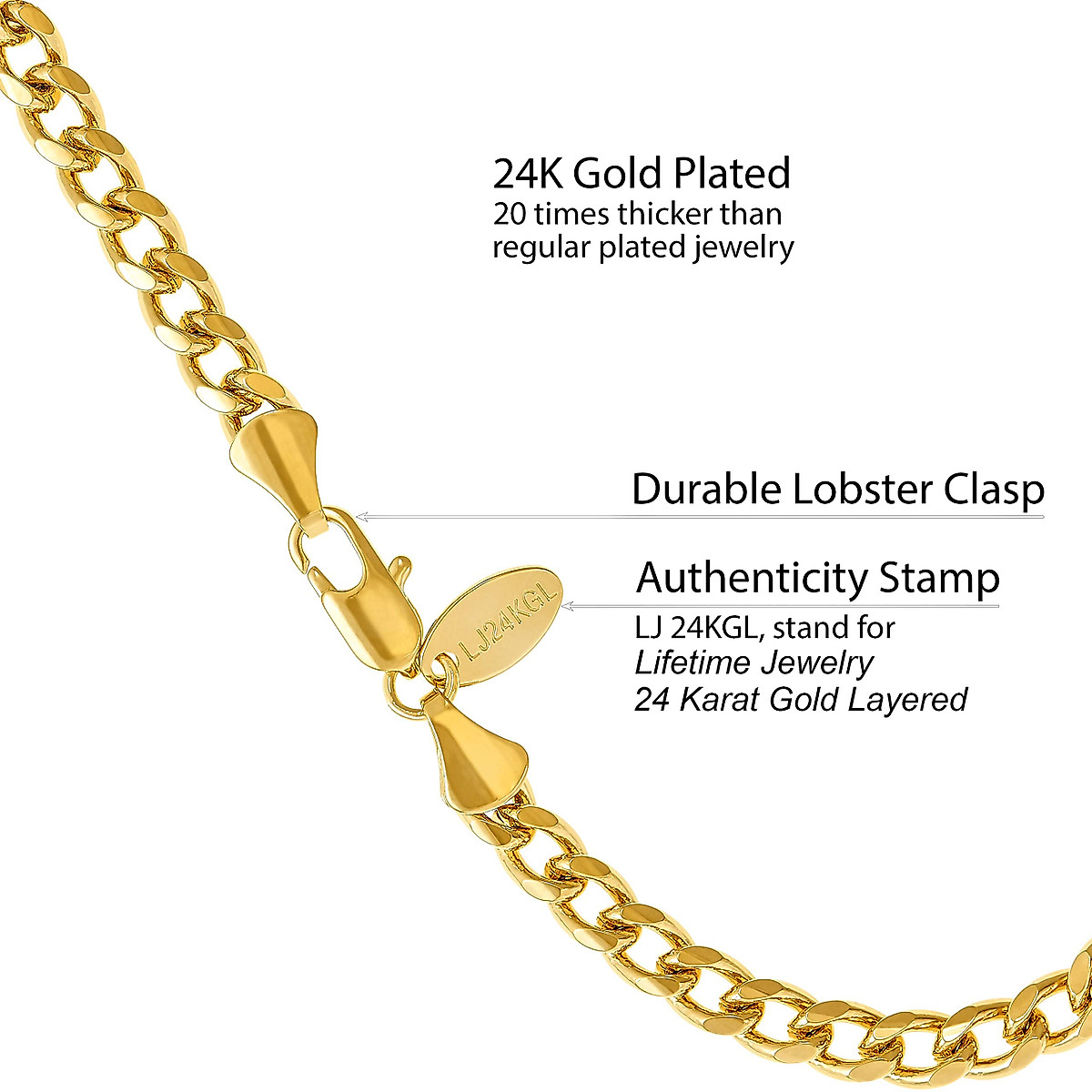LIFETIME JEWELRY 5mm Cuban Link Chain Bracelet for Men & Women 24k Gold Plated, 7 Inches
