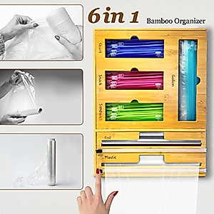 Home Deko BayMax Bamboo 3 in 1 Ziplock Bag Foil and Plastic Wrap Organizer with Cutter for Kitchen Drawer Countertop- Giant Aluminum Saran Dispenser, Large Gallon Snack Bags Storage, Tin Holder