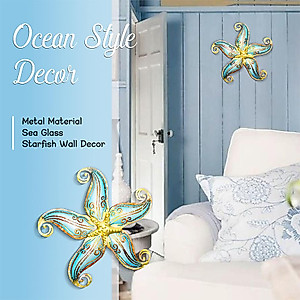 POXOHO Metal Starfish Wall Decor, Sea Life Coastal Decorations 12 inch Starfish Wall Art, Nautical Home Decoration Handing Ocean Beach Wall Art for Garden,Fence,Home,Patio,Kitchen,Bathroom,(Blue)