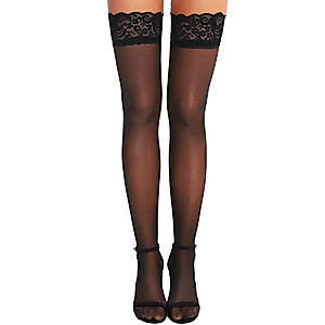 RSLOVE Women's Lace Top Thigh High Sheer Stockings Antiskid Silicone Ultra Shimmery Pantyhose Black One Size