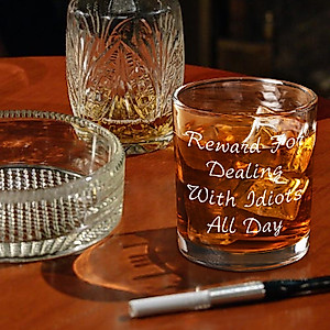 Futtumy Reward For Dealing With Idiots All Day Whiskey Glass, Funny Gifts for Men Coworker Friend Husband Boss Him, Novelty Old Fashioned Glass for Christmas Fathers Day Bosses Day Birthday, 10 oz