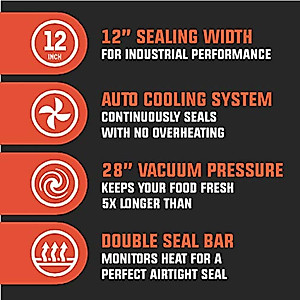 PrimalTek 12" Commercial Grade Vacuum Sealer - User Friendly for Food Savers, 26” Vacuum Pressure – Features an Auto Cooling System, Smart Heat Technology, and Vacuum Bag Positioning Guides
