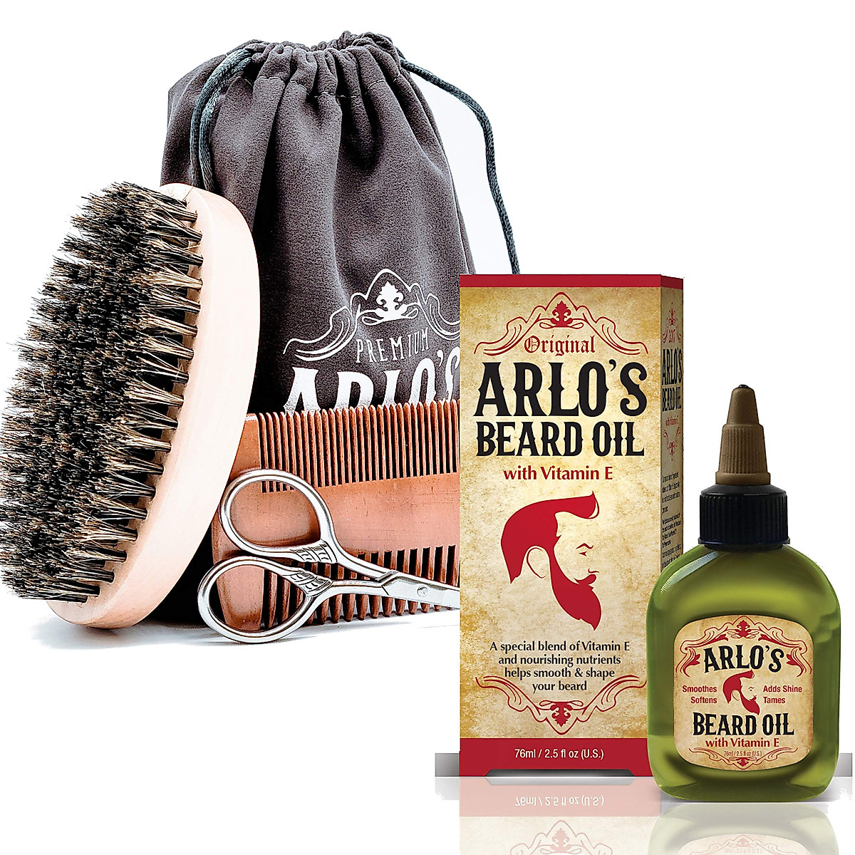 Arlo's 5-PC Mens Premium Beard Grooming Kit w/Vitamin E Beard Oil 2.5oz -Beard Oil, Beard Brush, Beard Comb, Beard Scissors & Carry Bag
