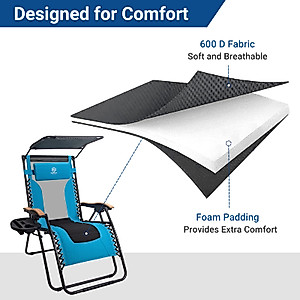 Coastrail Outdoor Zero Gravity Chair Reclining Lounger with Sun Shade, Padded Seat, Mesh Back, Pillow, Cup Holder & Side Table for Sports Yard Patio Lawn Camping, Aqua/Black