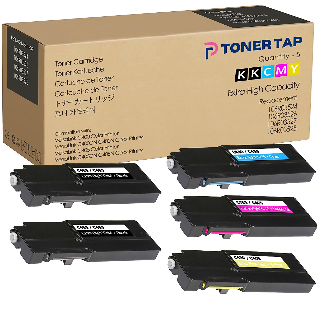 Toner Tap Extra High Yield for Versalink C400DN C400N C405DN C405N C400 C405 C400D (5-Pack Bundle) 106R03524 106R03526 106R03527 106R03525 Remanufactured Color Cartridges