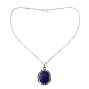 NOVICA Artisan Handmade Lapis Lazuli Pendant Necklace on Artisan Crafted 925 Silver Sterling Blue India Snorkel Birthstone [18 in L 2 mm W Pendant(s) 1.4 in L x 0.8 in W x 0.3 in D] ' True Clarity'
