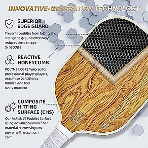 13 mm Pickleball Paddles Set of 2, 2023 USAPA Approved, Carbon Fiber Surface (CHS), Polypropylene Honeycomb Core, Anti-Slip Sweat-Absorbing Grip, 4 Pickleball, Portable Carry Bag (Wood Grain)