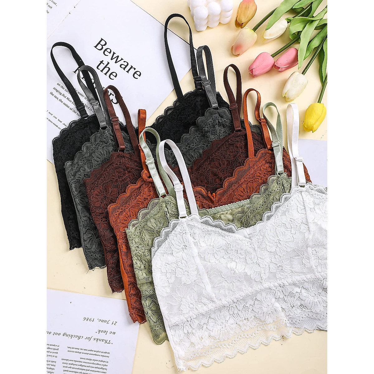 Geyoga 6 Pack Women's Lace Cami Top, Wireless Bralette Floral Non Padded Bandeau Bras with Straps(Black, Dark Chocolate, Chocolate, White, Olive Green, Dark Gray, Medium)