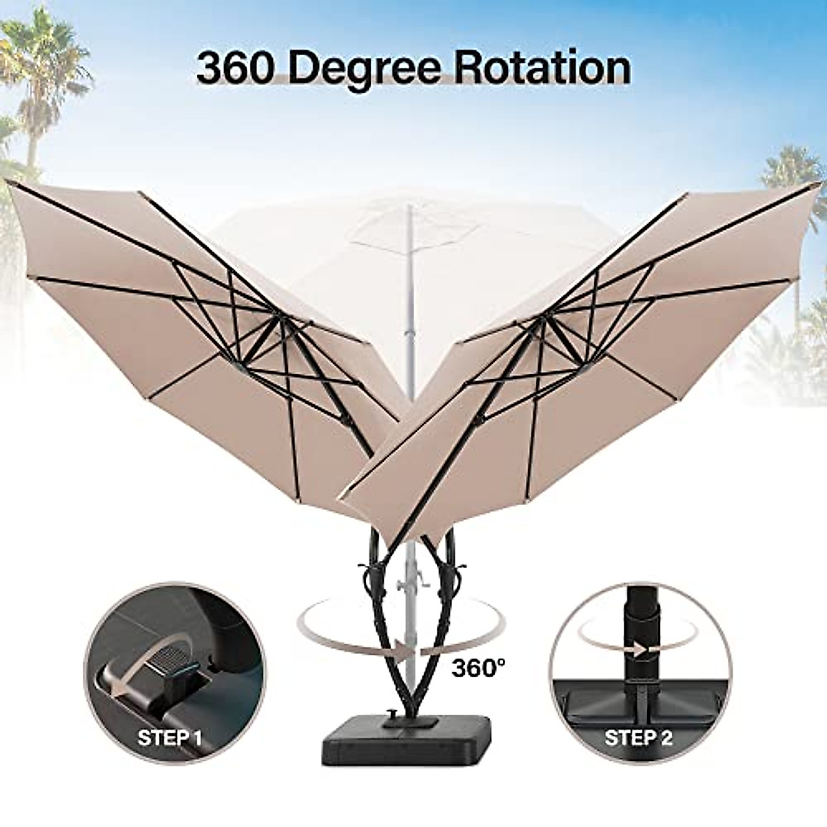 LAUSAINT HOME Outdoor Patio Umbrella with Base included, 11 FT Deluxe Curvy Cantilever Umbrella Heavy Duty Offset Hanging Umbrella with 360° Rotation for Market, Pool, Garden, Backyard, Deck (Beige)