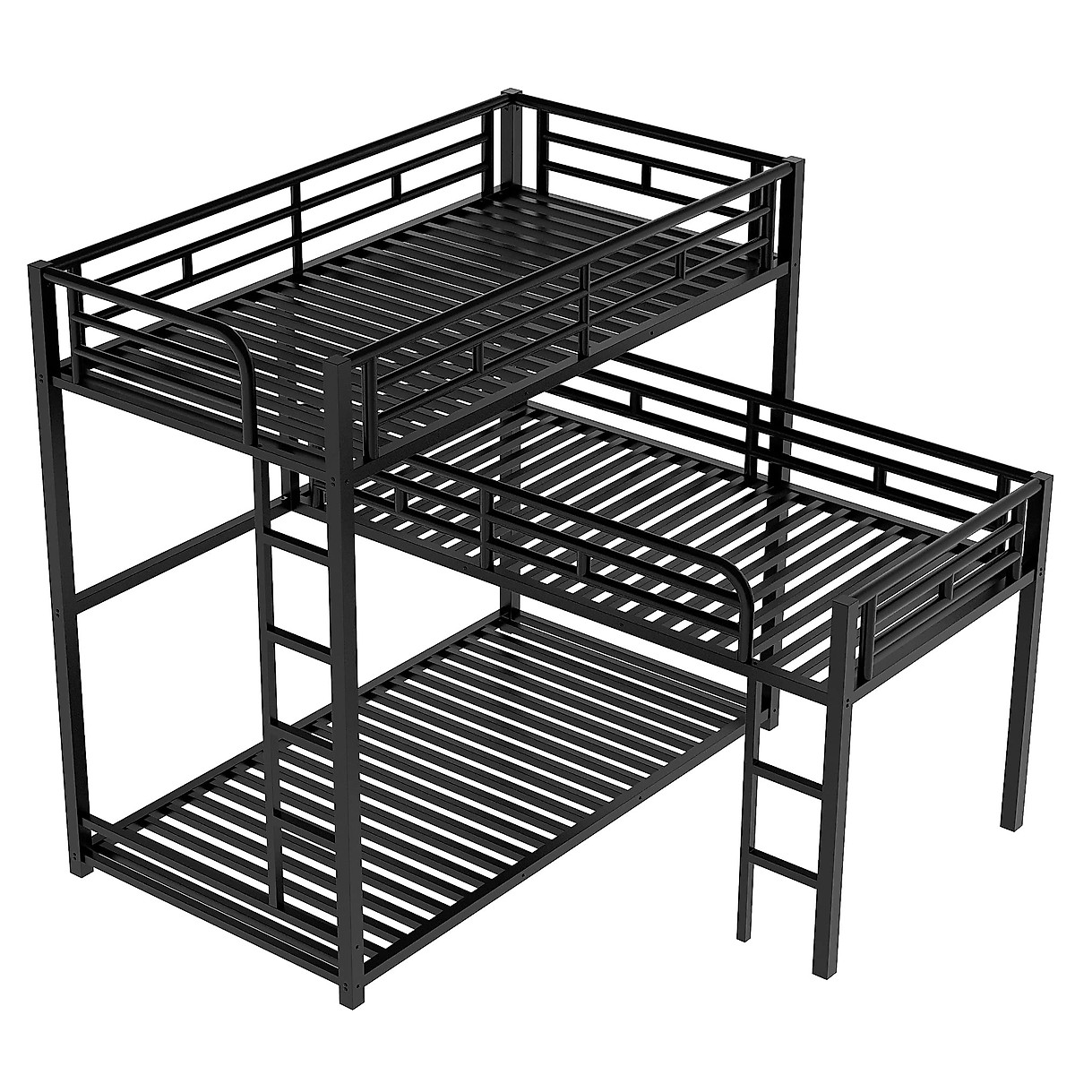 VOGU Metal Twin Over Bunk Bed, L-Shaped Triple Bunk Bed Attached Twin Loft Bed, Triple Bunk Bed Frame with LadderFull-Length Guardrails, Maximum Load 400 lbs for Kids Teens Adults, Black(Triple Bed)