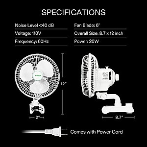 VIVOSUN AeroWave A6 Grow Tent Clip Fan, Patented Portable Auto Oscillating Fan 6” with 2-Speed, Strong Airflow but Low Noise, and Fully-Adjustable Tilt for Hydroponic Ventilation, White