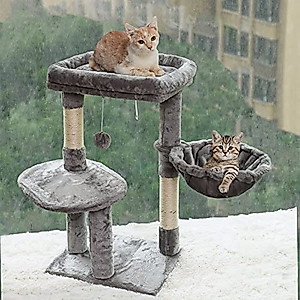 SYANDLVY Small Cat Tree for Indoor Cats, Modern Cat Tower with Scratching Post for Kittens, Climbing Stand with Basket & Hanging Ball for Play Rest