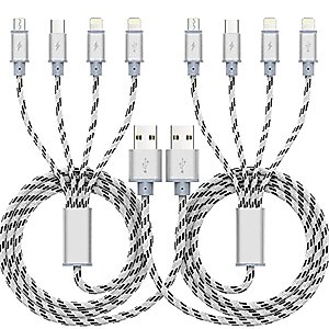 2Pack Multi Charging Cable 3.5A, 10Ft 4 in 1 Long Multiple Fast Charger Cable with Dual iP/Micro USB/Type C Ports for Phone 13/12/11/Xs/X/8/7/6/se/Tablets/Samsung Galaxy/LG/Pixel/Huawei/OnePlus