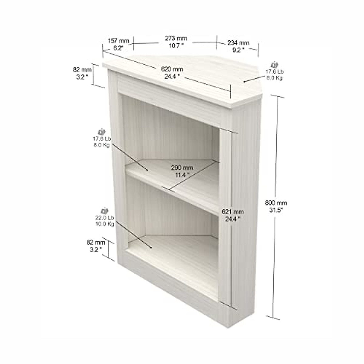 Inval 31.5" 2-Shelf Corner Bookcase, Washed Oak
