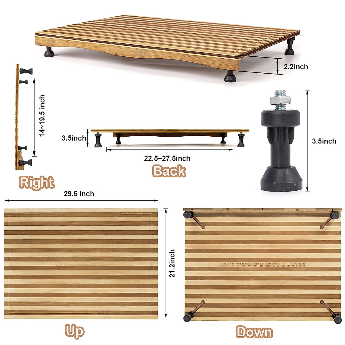 Bamboo Stovetop Cover&Countertop Cutting Board with Adjustable Legs, Dual-purpose Chopping Board for Electric Stove Burner, Workspace Block Cover for RV Camping Camper Gas Cook Top Cover