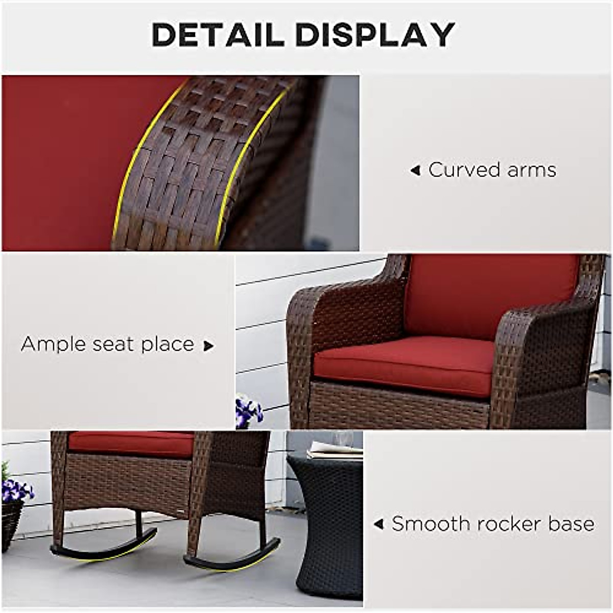 Outsunny Outdoor Wicker Rocking Chair w/Wide Seat, Thickened Cushion, Rattan Rocker with Steel Frame, High Weight Capacity for Patio, Garden, Backyard, Wine Red