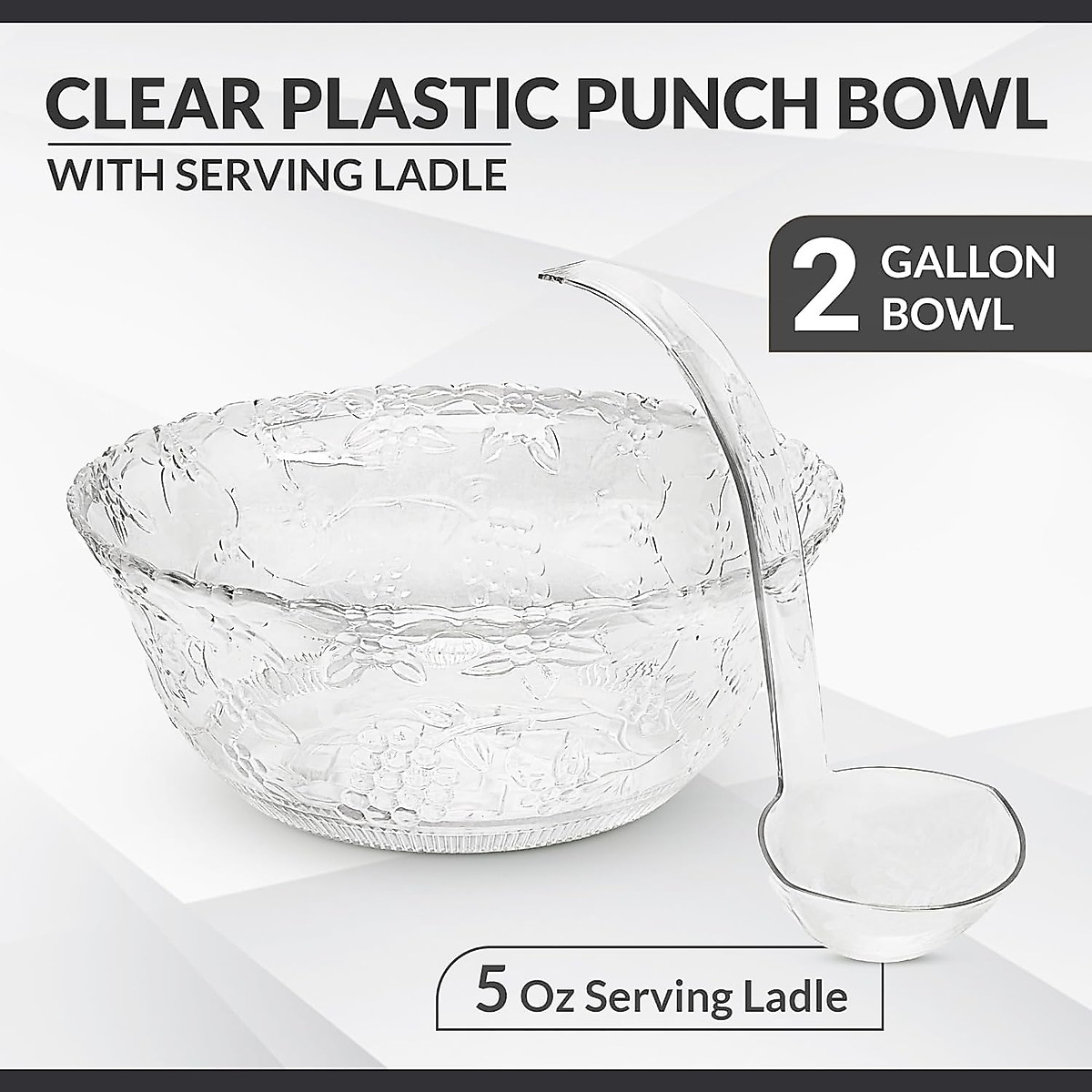 S.G Premium Quality Plastic Punch Bowl with Ladle - 2 Gallon Punch Bowl with Ladle - Embroidered Design 8 Quart large Serving Bowl with 5 oz Plastic Serving Ladle/Spoon for Parties, Holidays, and more