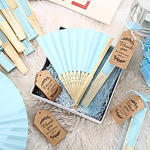 Roowest 50 Pack Handmade Paper Folding Fans with Gift Bags Thank You Card, Bamboo Handheld Folded Fan for Home DIY Office Decor Wedding Party Baby Shower Party Gift Accessories (Blue)