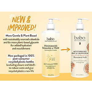 Babo Botanicals Moisturizing Oat & Calendula 2-in-1 Shampoo & Wash - For Dry or Sensitive Skin - For all ages - Lightly Scented - Vegan - 16 Fl Oz